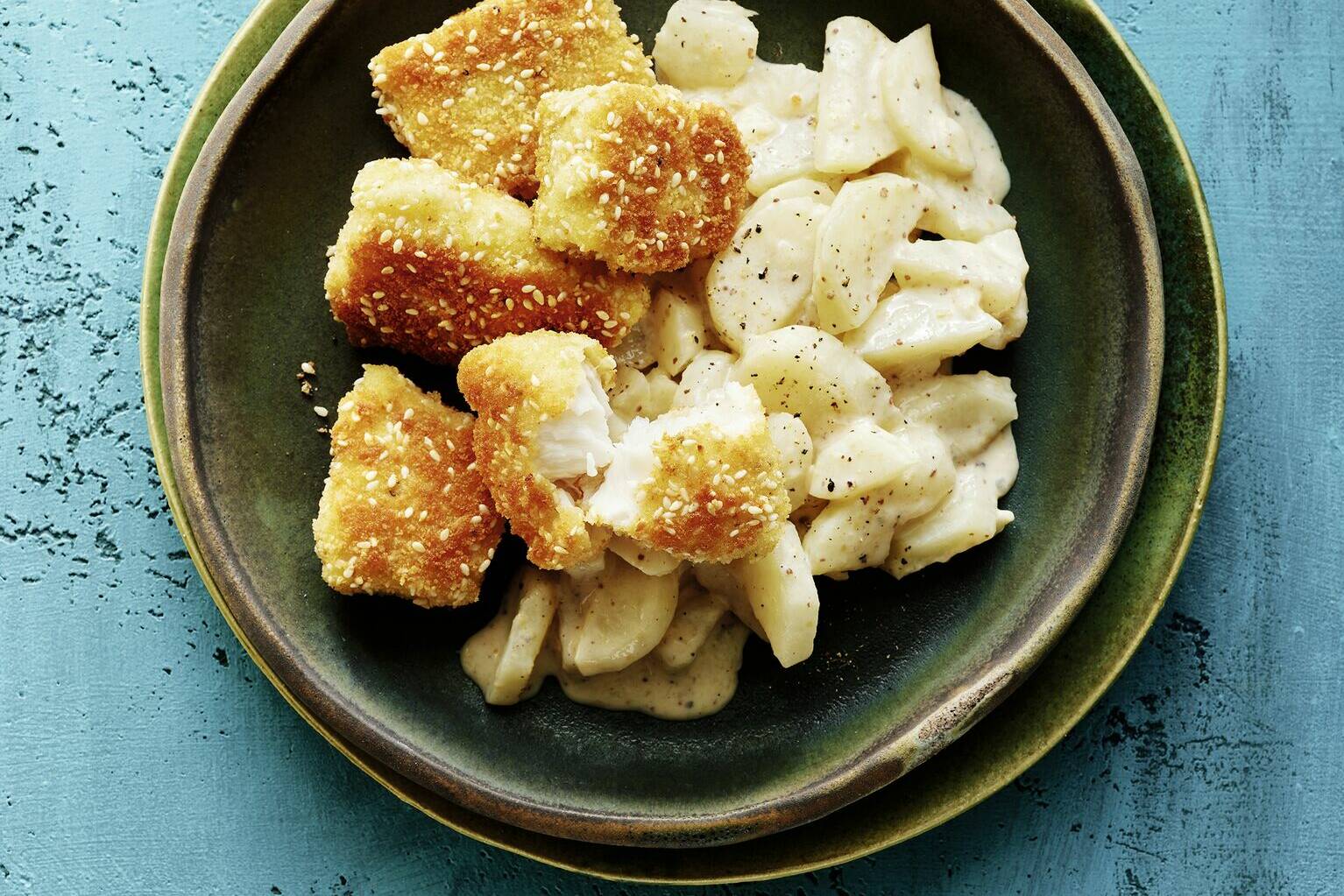 Panierte Fisch-Nuggets mit Topinamburgemüse Rezept | Küchengötter